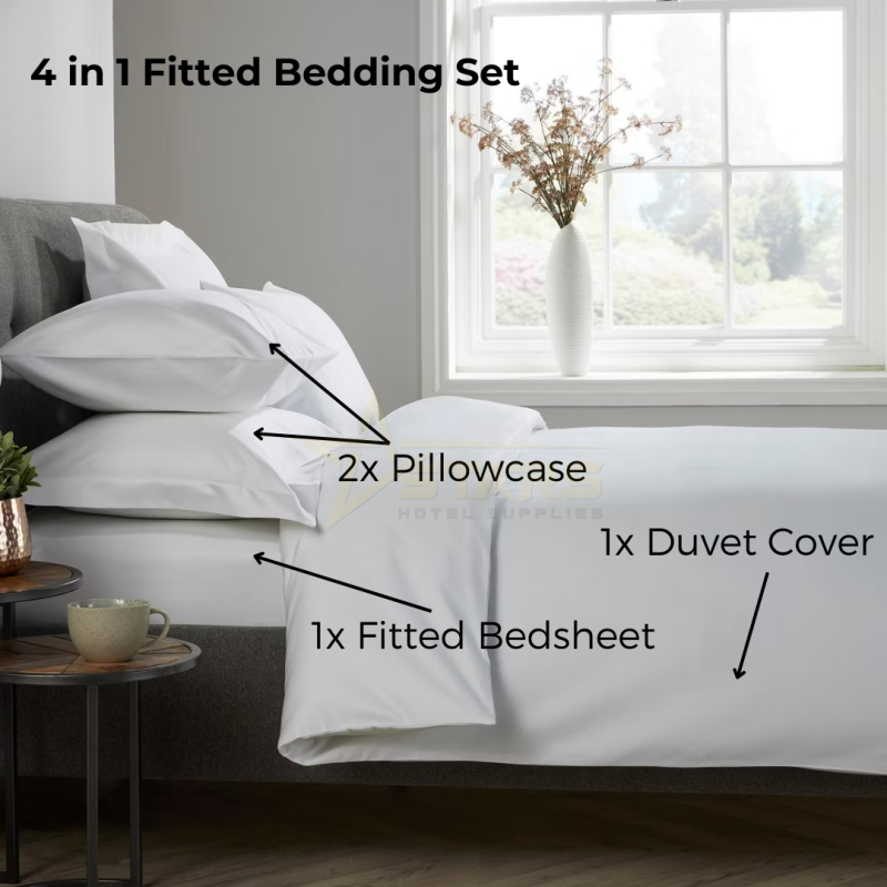 Plain White 4 in 1 Fitted Bedding Set - STARS Hotel Supplies