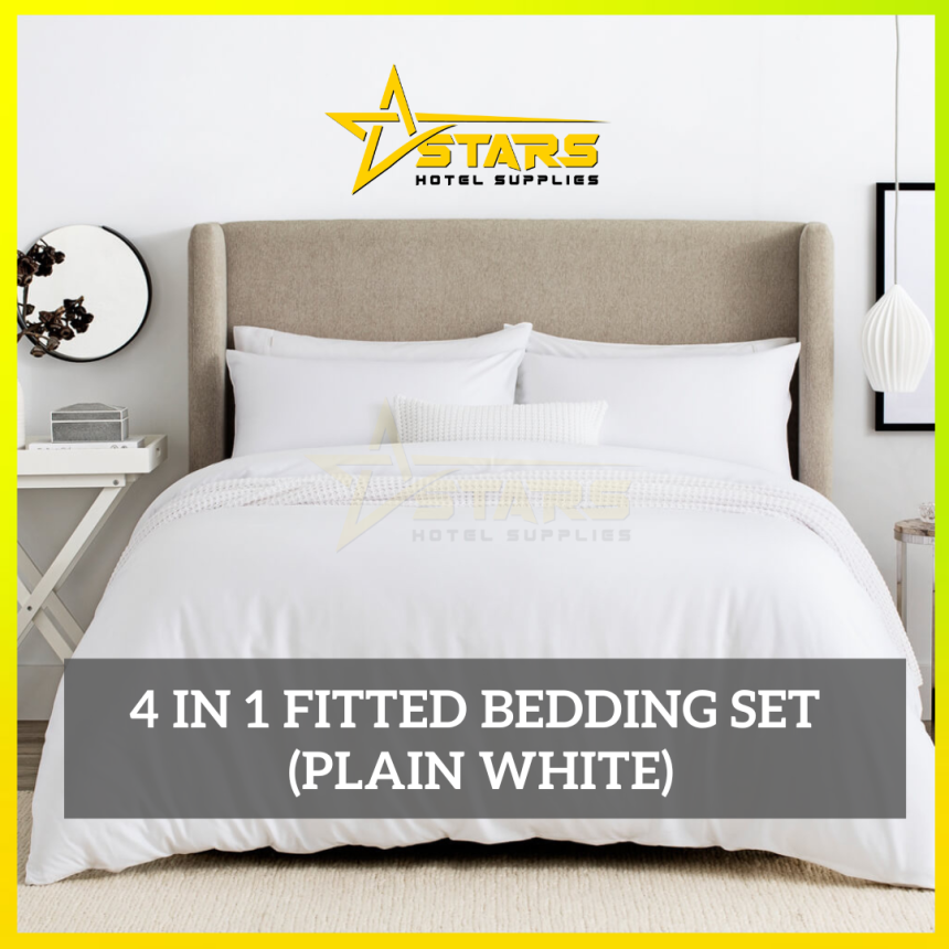 Plain White 4 in 1 Fitted Bedding Set - STARS Hotel Supplies